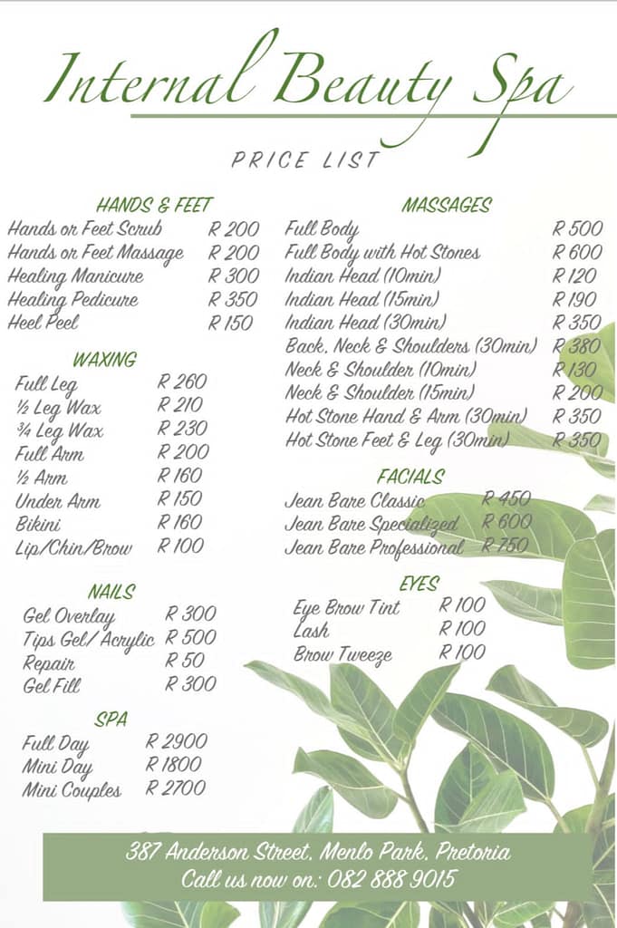 Price List – Internal Beauty Spa